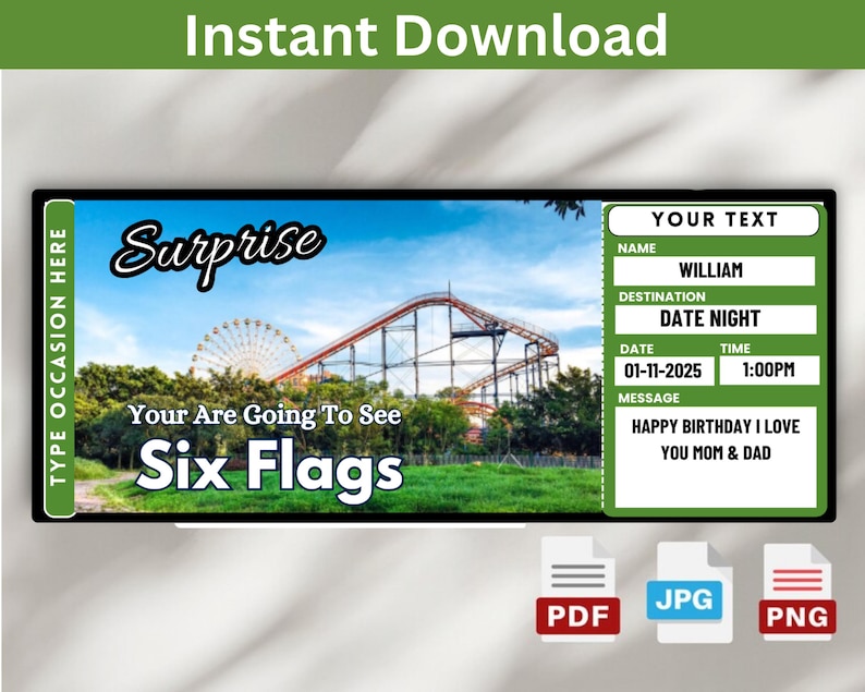 Editable Six Flags Surprise Trip Ticket: Printable Boarding Pass (canva ...