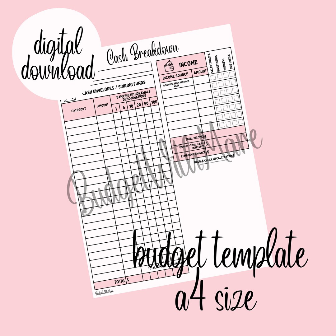 Cash Breakdown Savings Challenge Printable Budget Template Digital ...