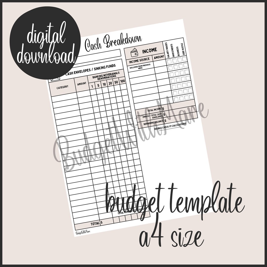 Cash Breakdown Savings Challenge Printable Budget Template Digital ...