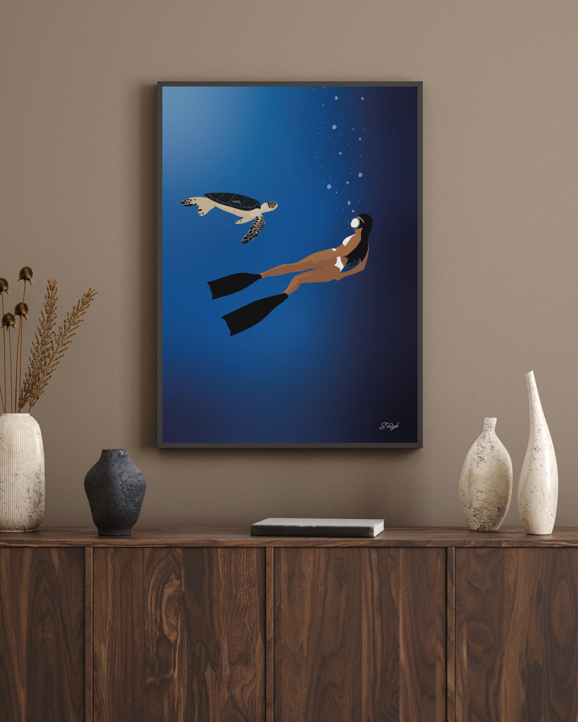 Freediving Poster Diver Looking at a Turtle Handmade - Etsy