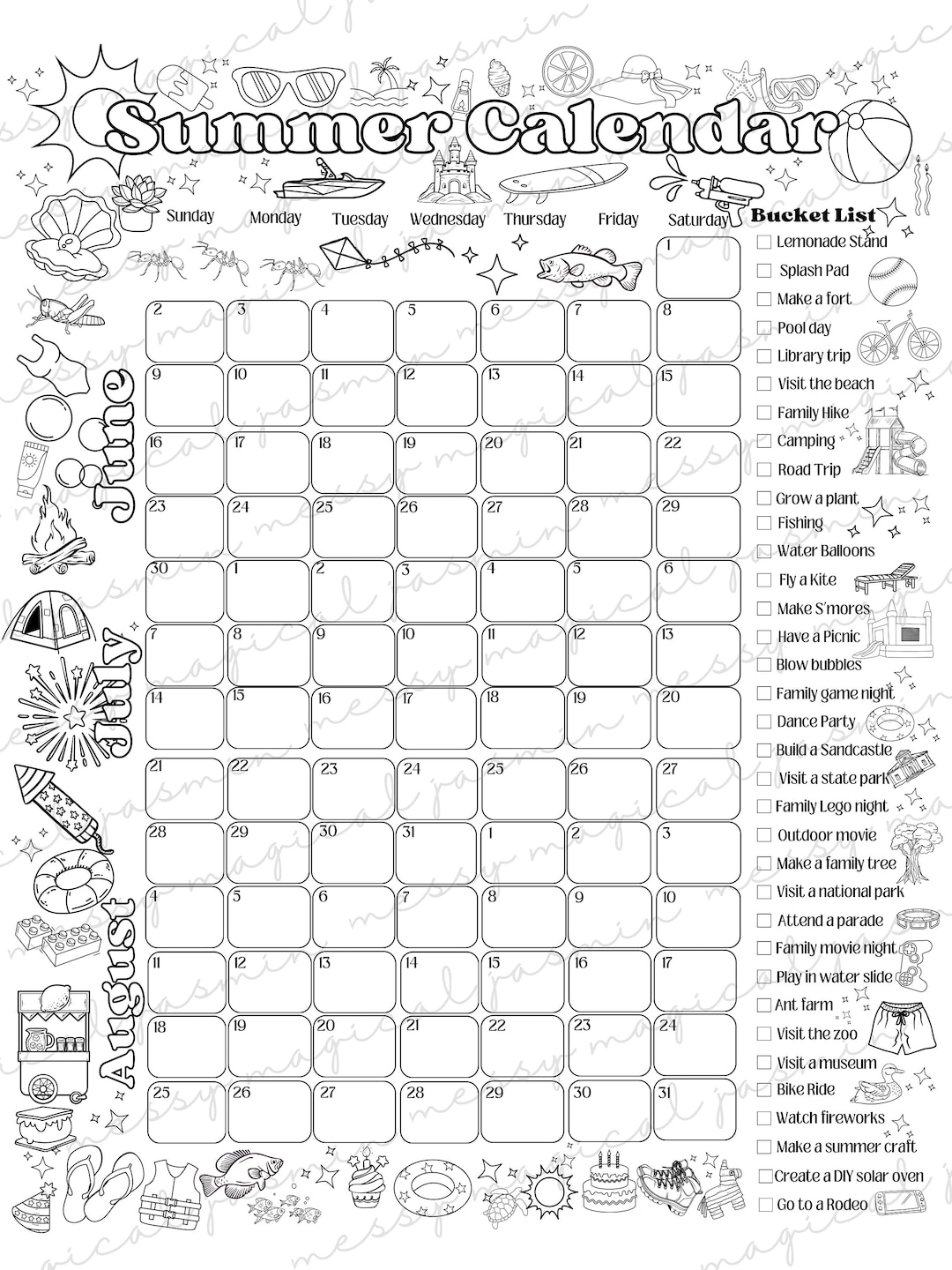 Summer Calendar Bucket List for Kids - Etsy