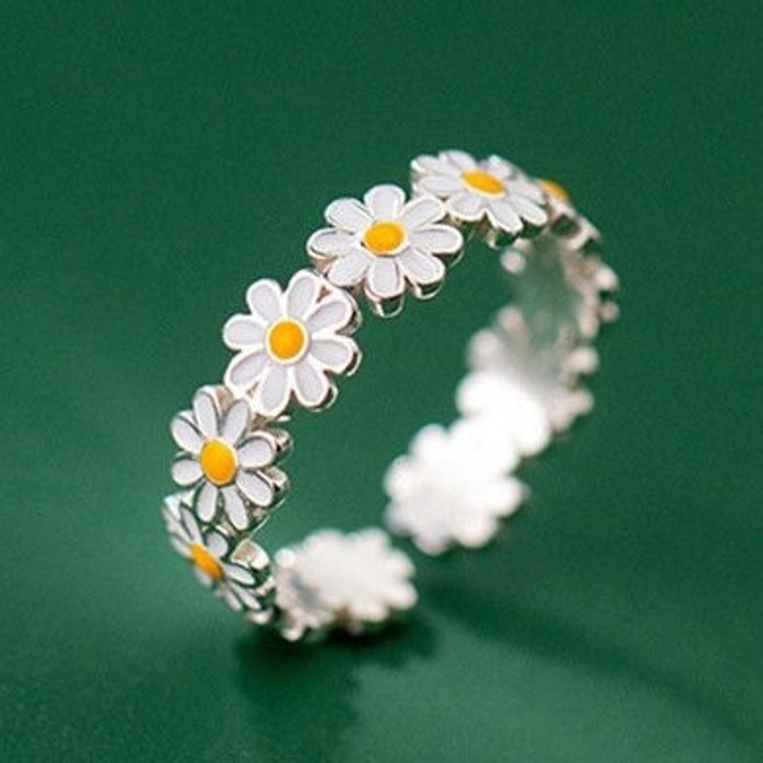 Daisy Flower Rings, Dainty Stackable Ring, Floral Adjustable Open Ring ...