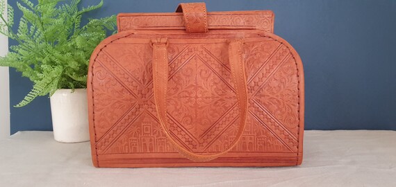 Beautiful Tooled Indian Tan Leather Hard Case Handbag… - Gem