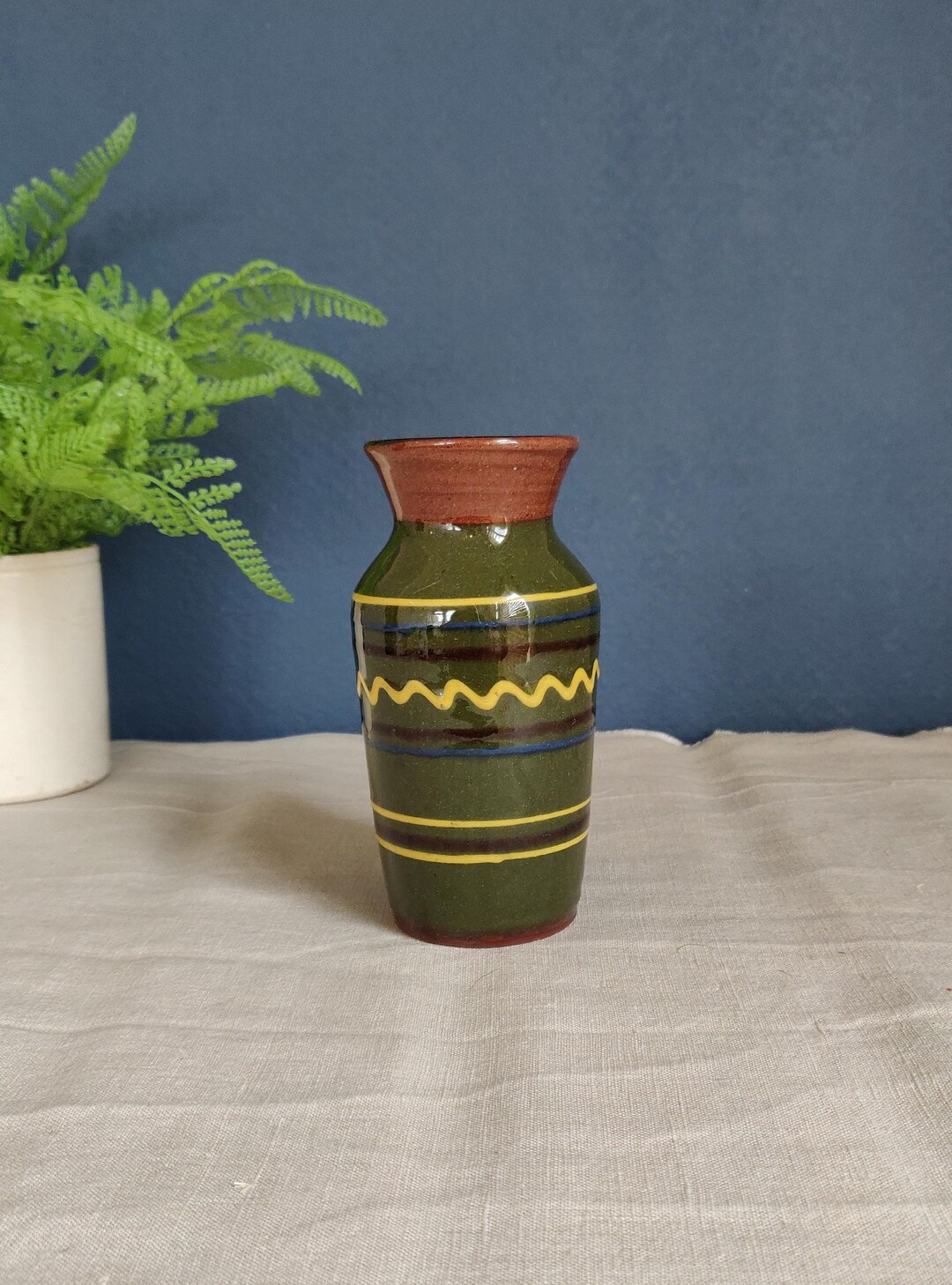 Vintage Handmade Slipware Terracotta Vase - Green and Yellow - Etsy