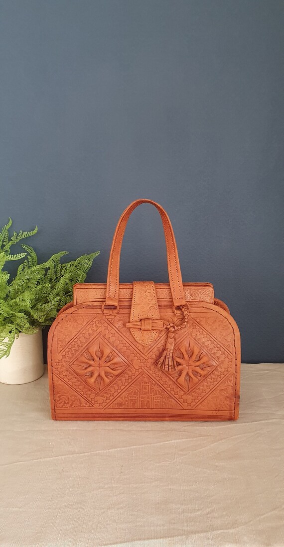 Beautiful Tooled Indian Tan Leather Hard Case Handbag… - Gem