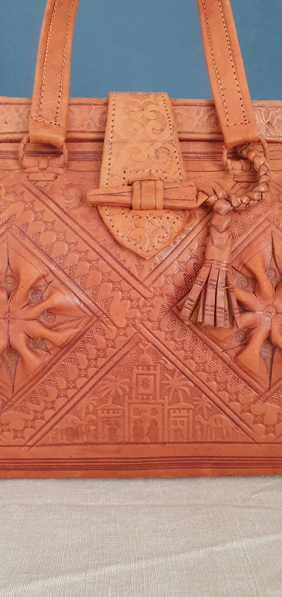 Beautiful Tooled Indian Tan Leather Hard Case Handbag… - Gem