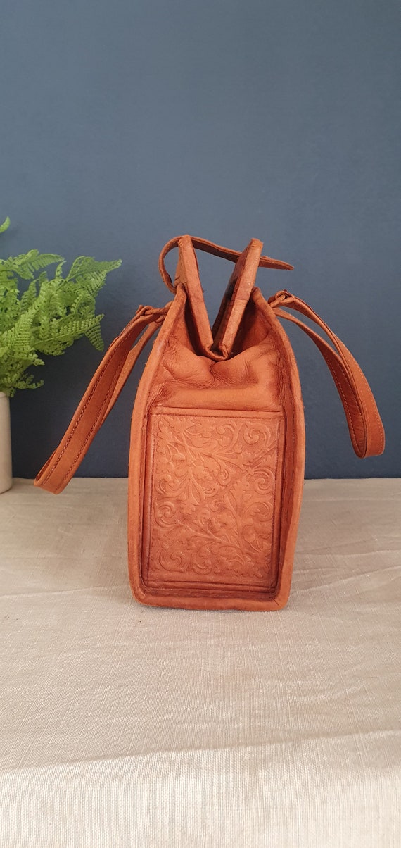 Beautiful Tooled Indian Tan Leather Hard Case Handbag… - Gem