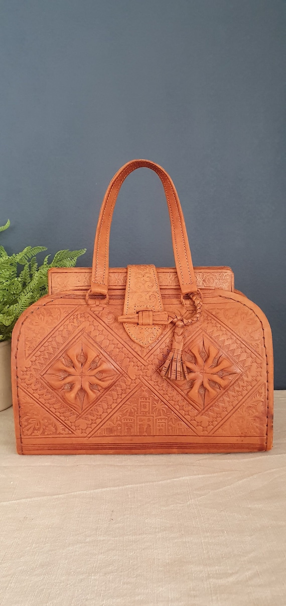 Beautiful Tooled Indian Tan Leather Hard Case Handbag… - Gem