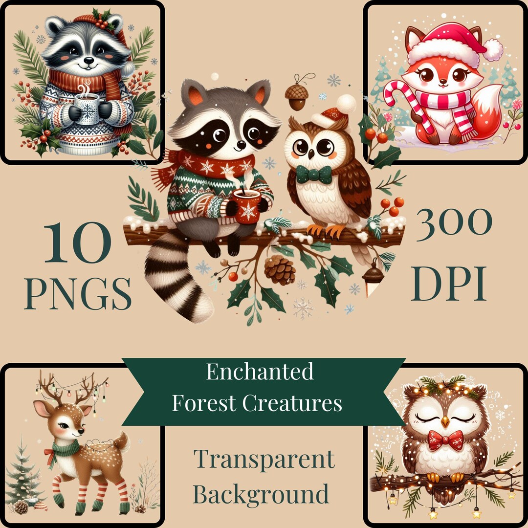 Christmas Woodland Animals PNG | Cute Forest Critters Clipart | Holiday ...