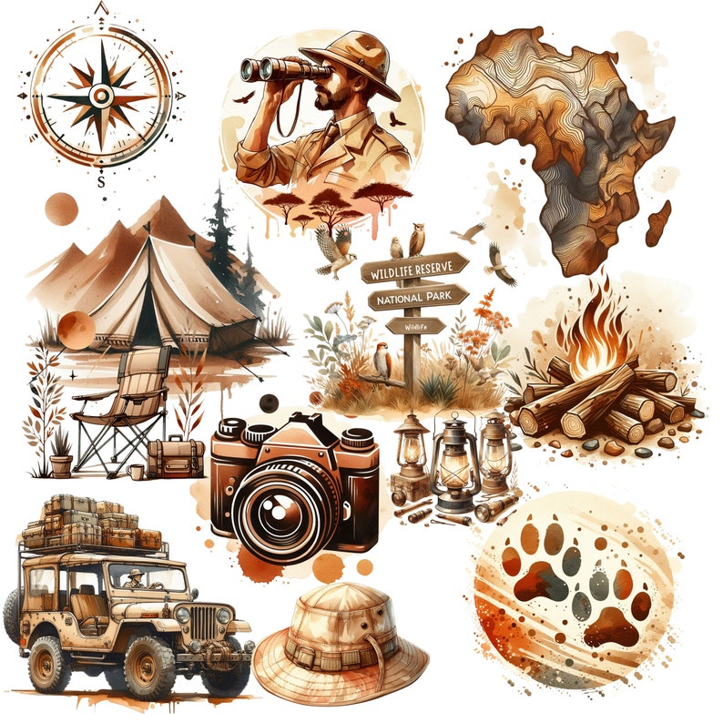 Safari Adventure Clipart Essentials Pack - 24 High-resolution Pngs ...