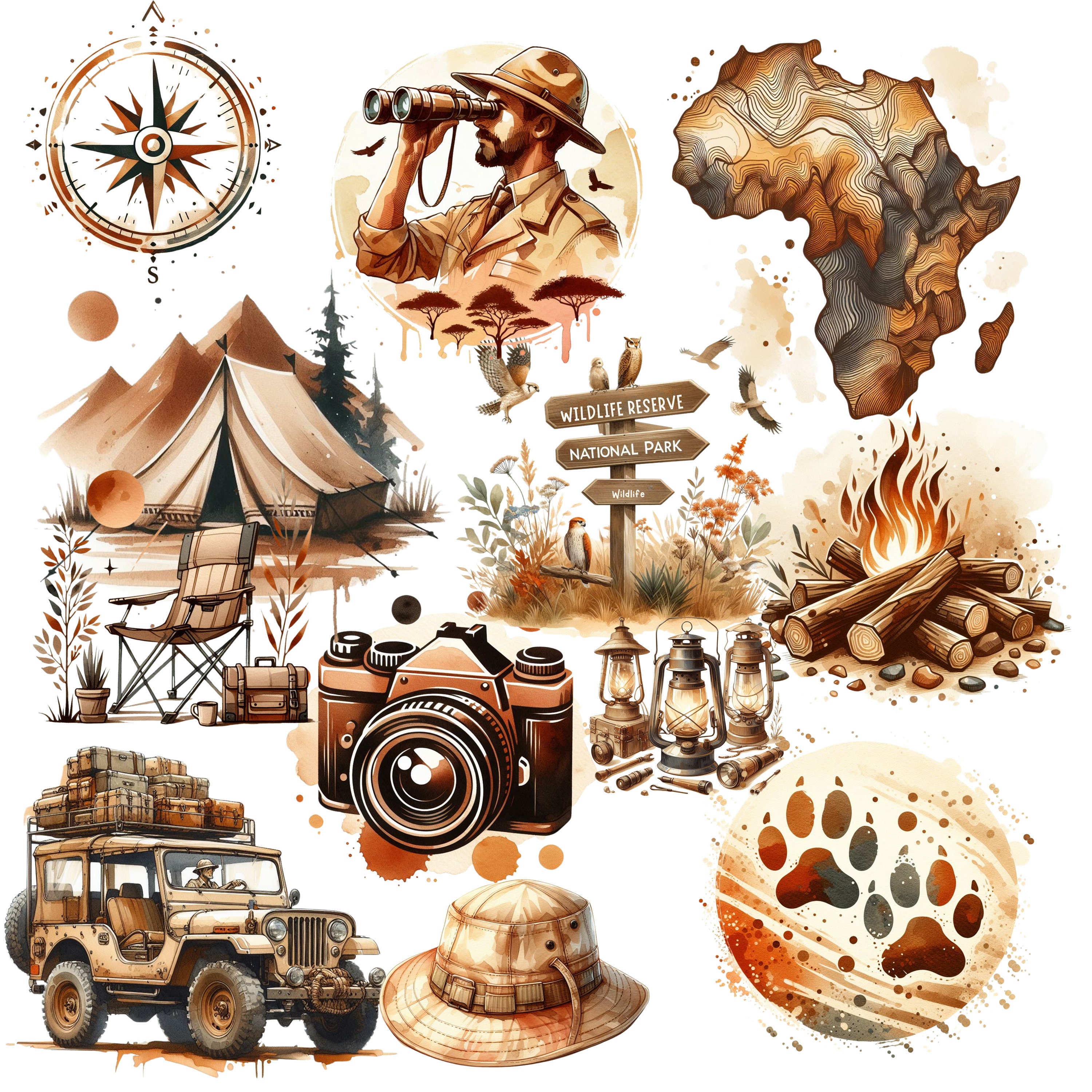 Safari Adventure Clipart Essentials Pack - 24 High-resolution Pngs ...