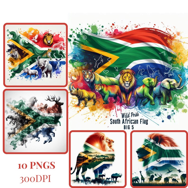 South African Flag Big 5 Clipart Bundle: Safari Animal PNG (digital ...