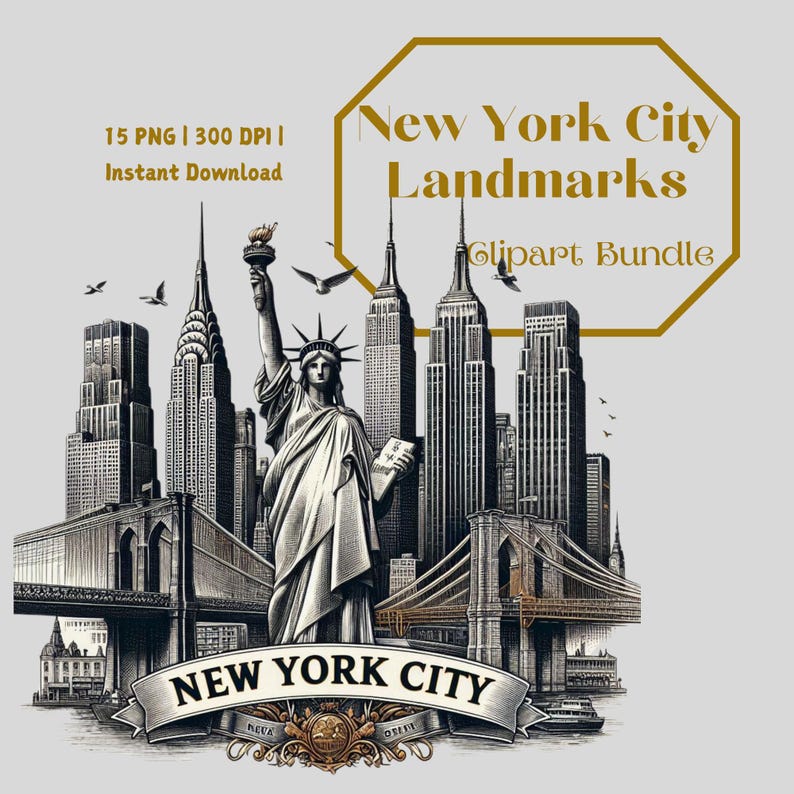 New York City Landmarks Clipart Bundle | Statue of Liberty, Empire ...