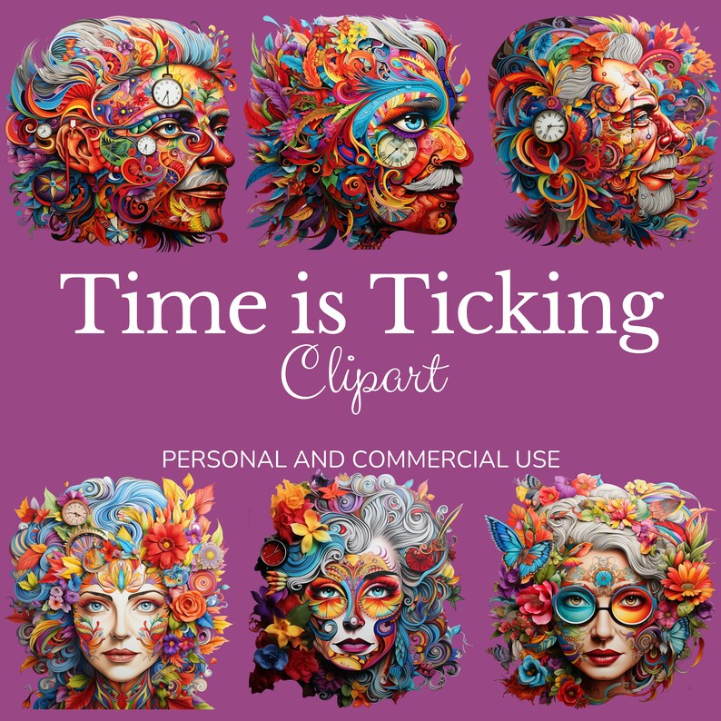 Vibrant Psychedelic People Heads Clipart With Mini Clocks, Transparent ...