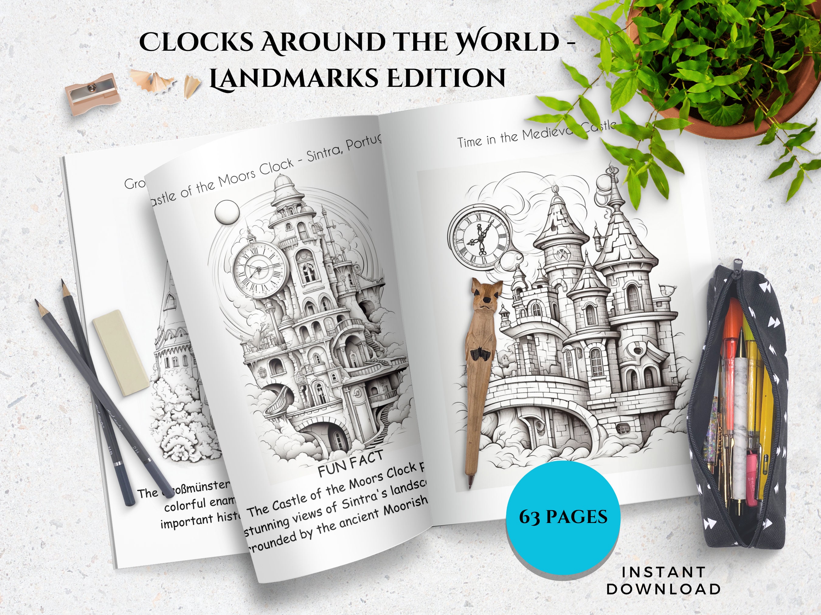 Clocks Grayscale Coloring Book Pages | 63 Pages of Clock Landmarks From ...