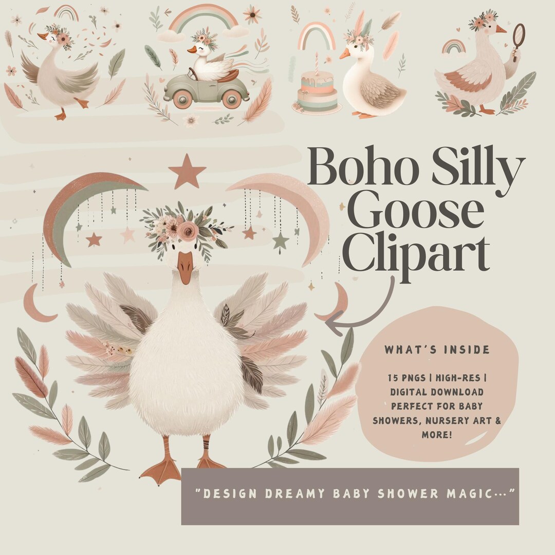 Boho Silly Goose Clipart Bundle PNG | Whimsical Goose Illustrations ...