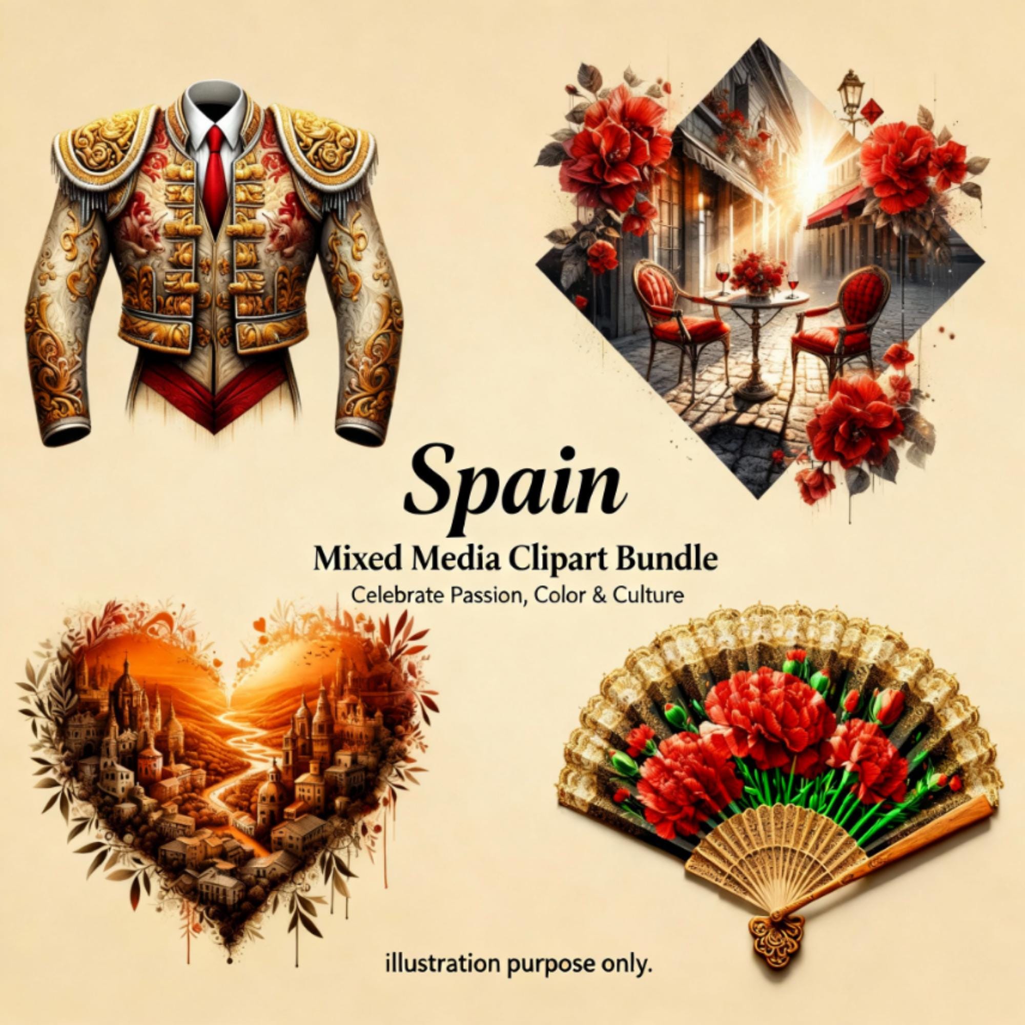 Spain Clipart Bundle, Mixed Media Art Pngs, Spanish Landmarks & Culture ...