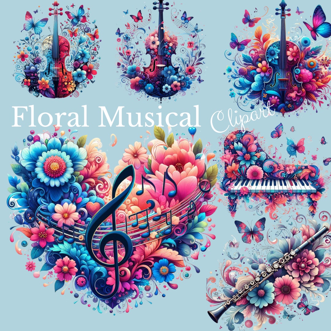 Vibrant Floral Music Clip Art Bundle - 40 Pngs - Sublimation Ready - Etsy