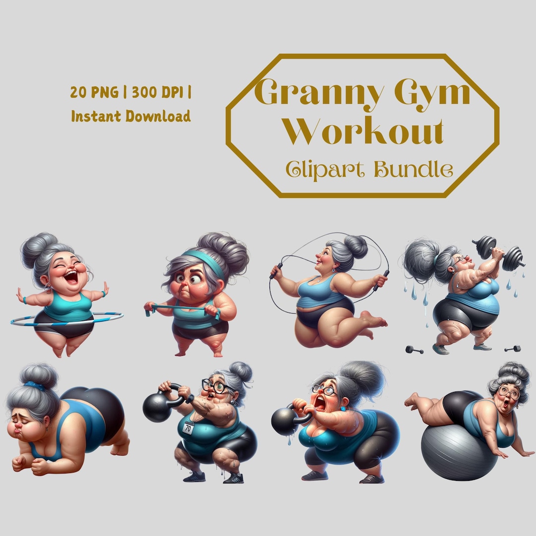 Granny Gym Workout Clipart Bundle | 20 Funny Old Lady Exercise Pngs ...