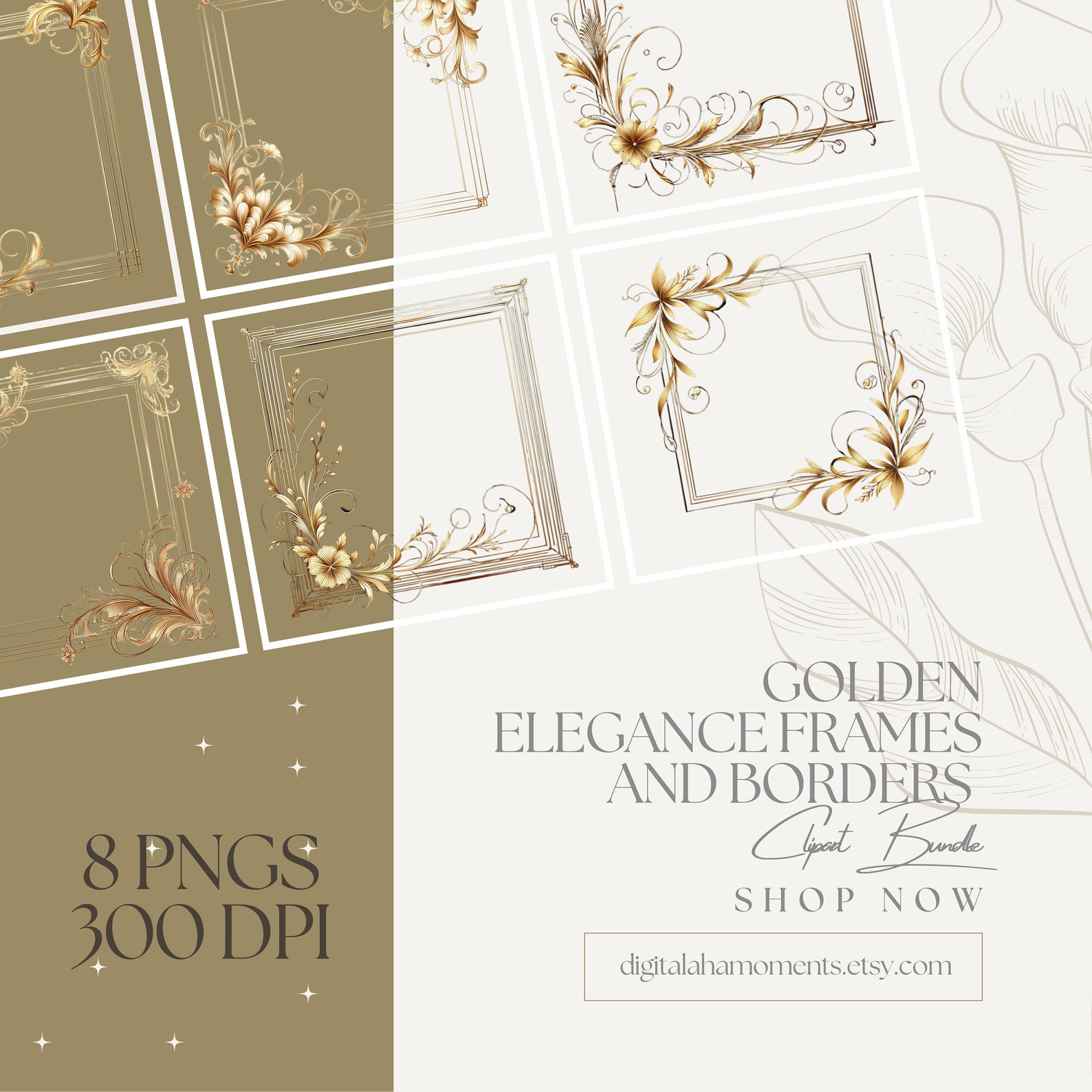 Gold Frames & Borders Clipart Bundle: Elegant DIY Invitation Graphics ...