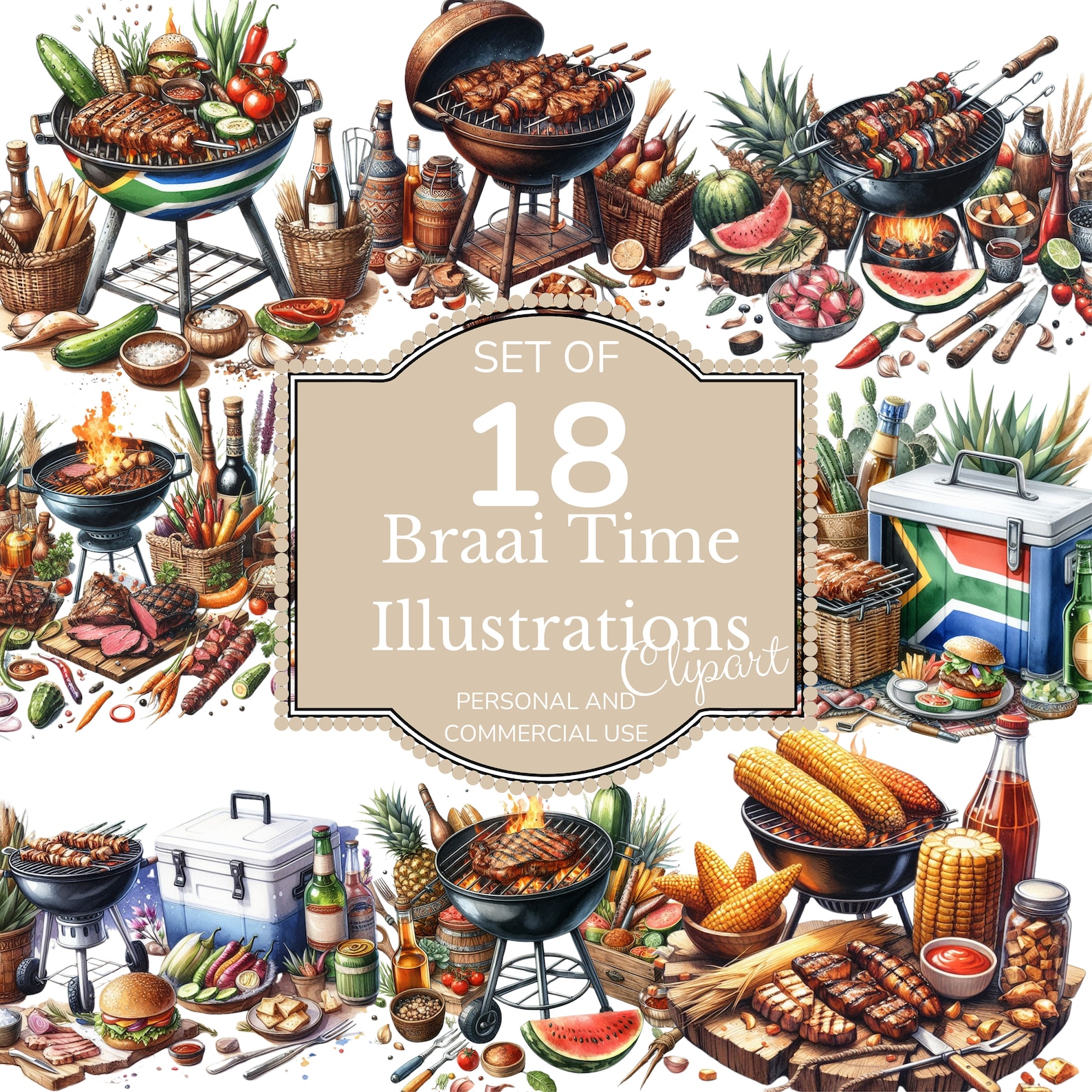 Braai Time Illustrations - 14 BBQ Clipart Pngs - Digital Download ...