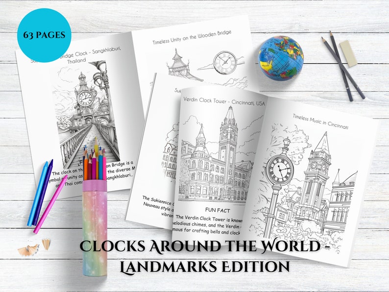 Clocks Grayscale Coloring Book Pages | 63 Pages of Clock Landmarks From ...