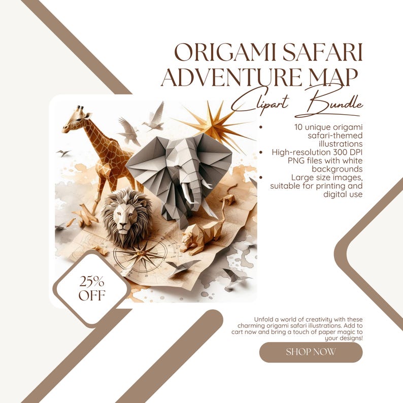 Origami Safari Map Clipart: Sepia Paper Animals (10 Prints) (PNG) - Etsy