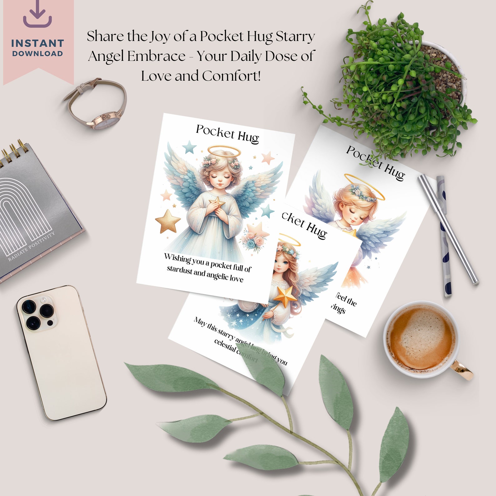 Pocket Hug Card Digital Printable - Angel Wing Hugs - 9 Pocket Hug Card ...