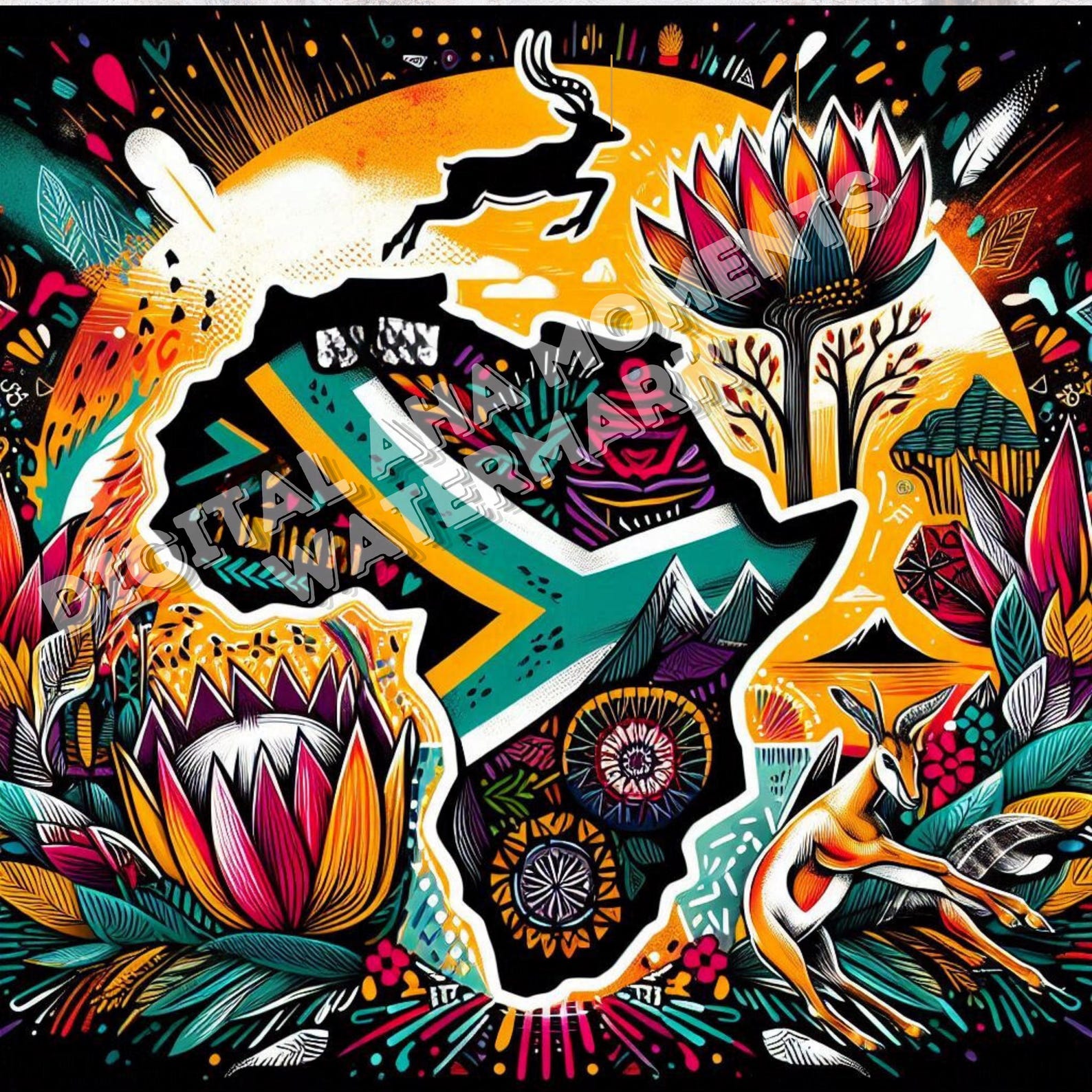 African Continent PNG South Africa Tribal Art Protea Springbok Clipart ...