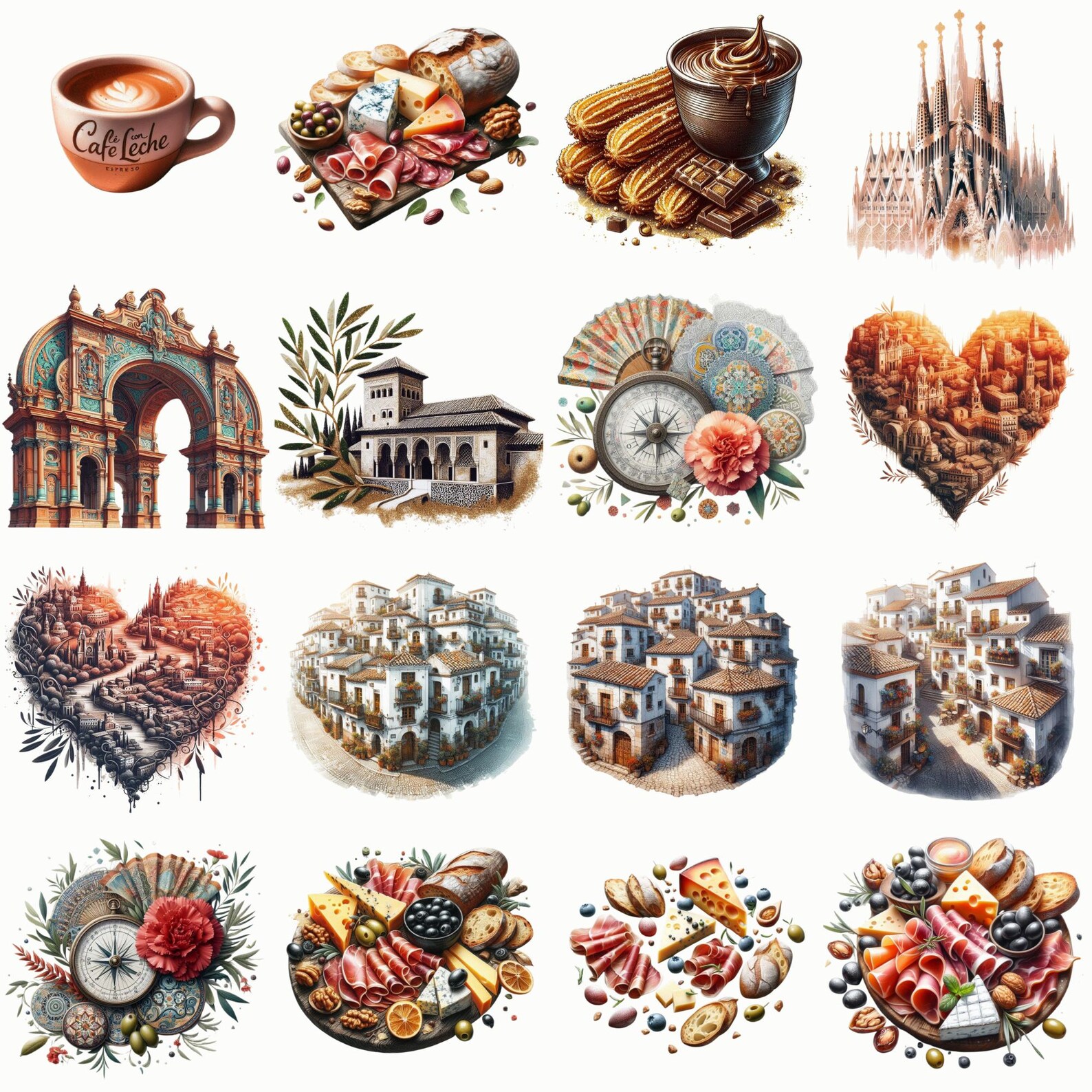 Spain Clipart Bundle, Mixed Media Art Pngs, Spanish Landmarks & Culture ...
