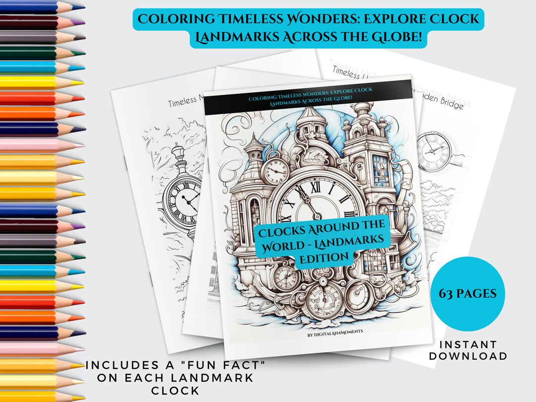 Clocks Grayscale Coloring Book Pages | 63 Pages of Clock Landmarks From ...