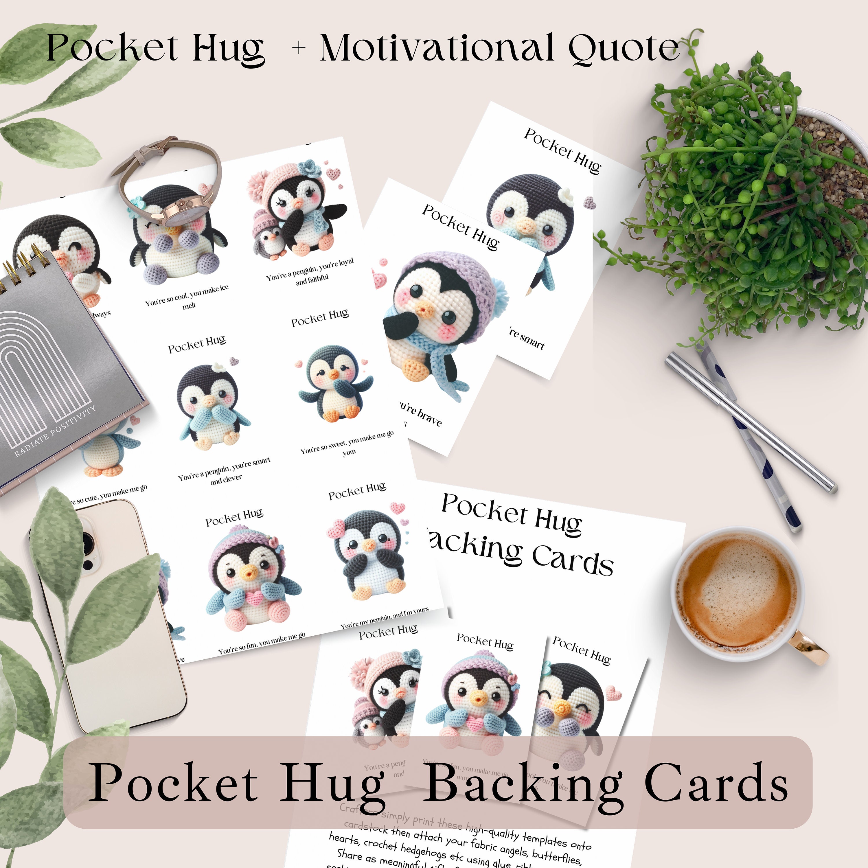 Penguin Pocket Hug Backing Cards, Cool and Cute Quotes, Printable A4 ...
