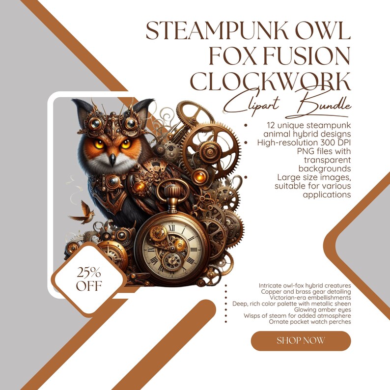 Steampunk Animal PNG | Clockwork Owl Fox Hybrid | Victorian Mechanical Creature Clipart | Brass ...