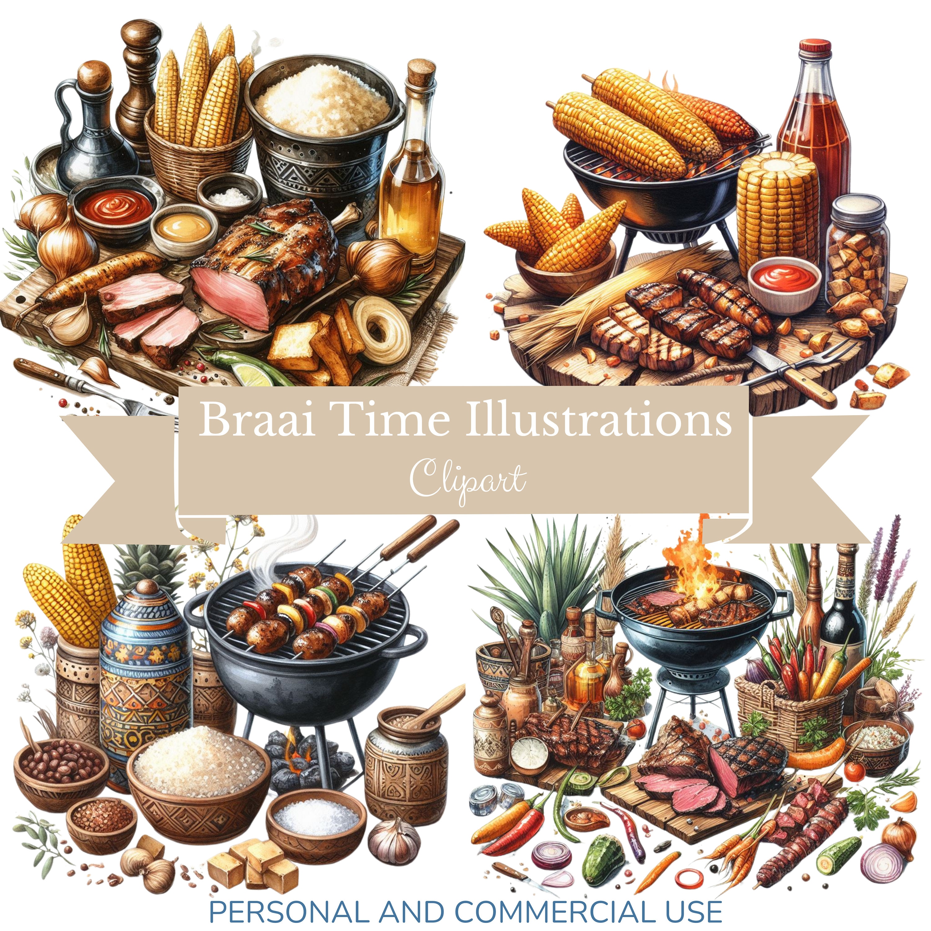 Braai Time Illustrations - 14 BBQ Clipart Pngs - Digital Download ...