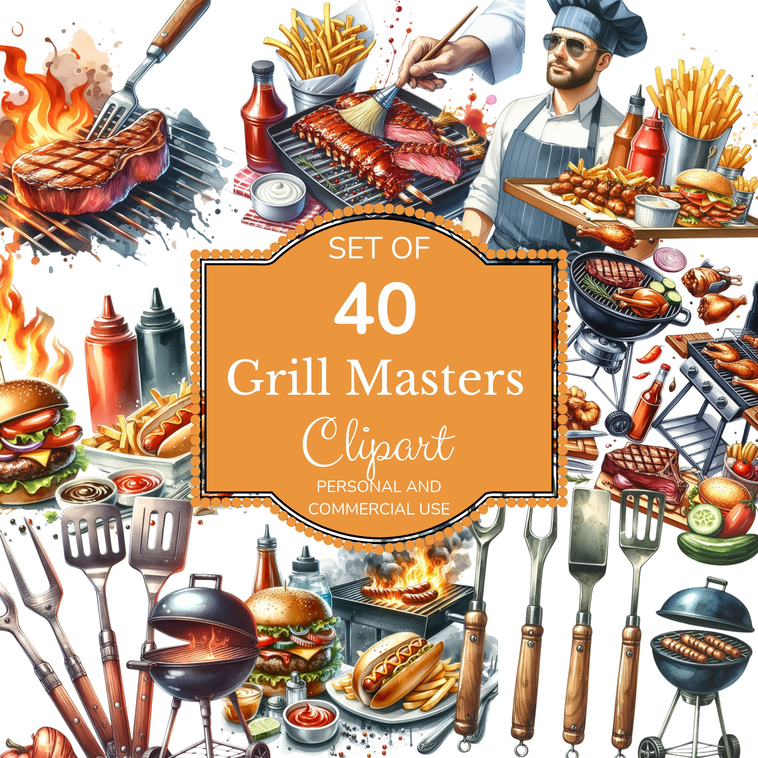 Watercolor BBQ Clip Art (40 Pngs) - Barbecue Graphics Set - Grill ...