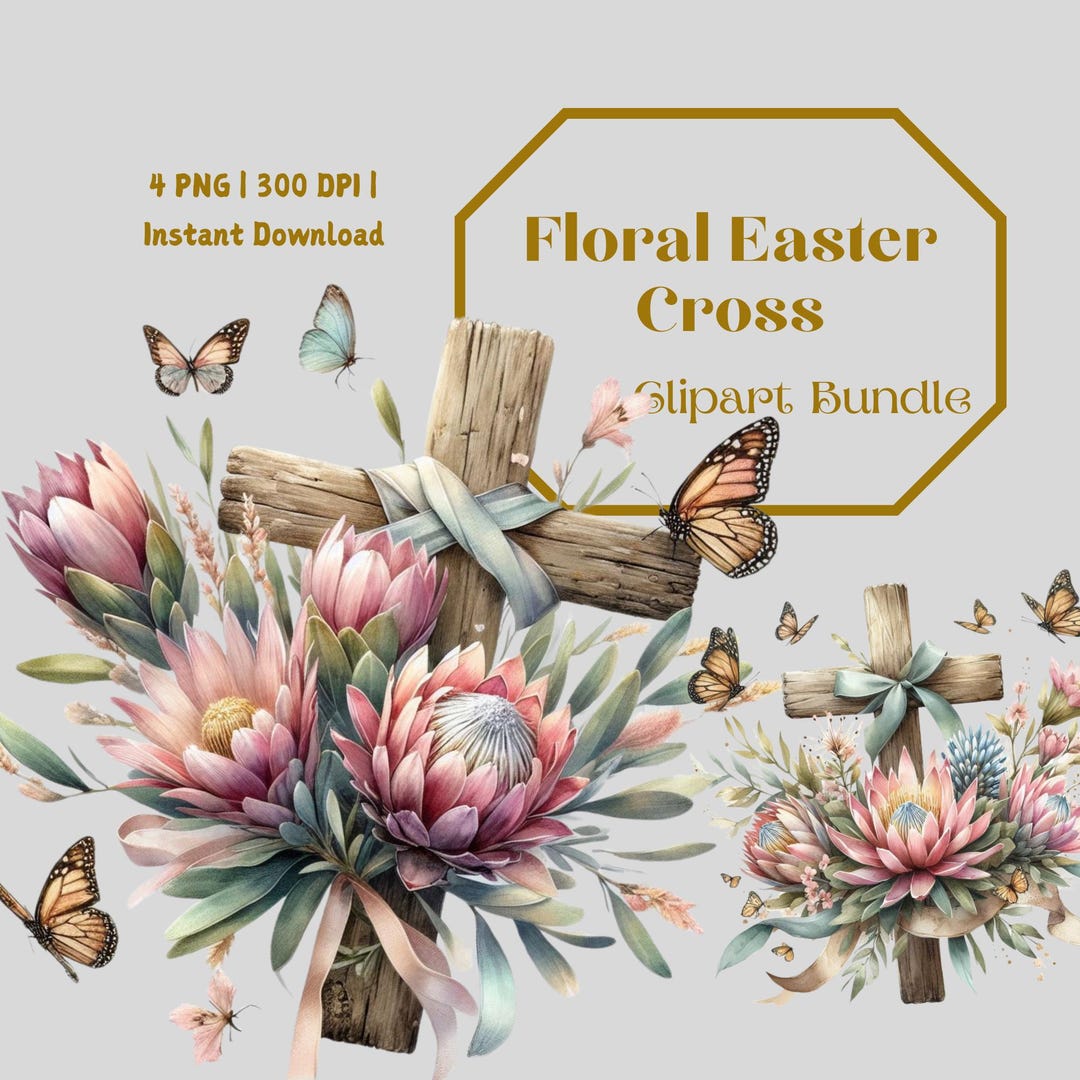 Floral Easter Cross Clipart Bundle: Watercolor Christian Pngs (digital ...
