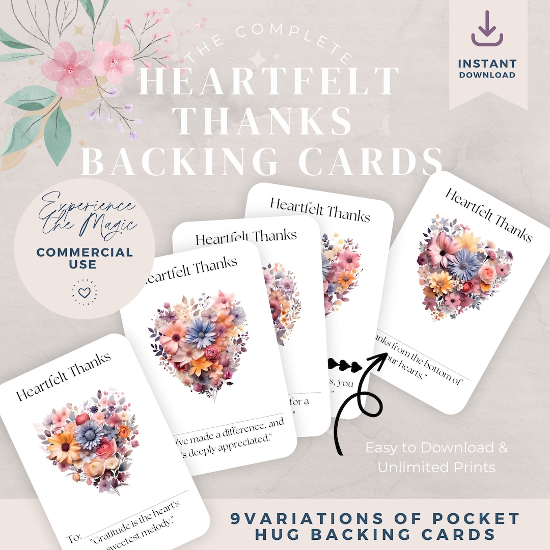 Pocket Hug Cards - Printable Heartfelt Thanks Backing Cards - Gratitude ...