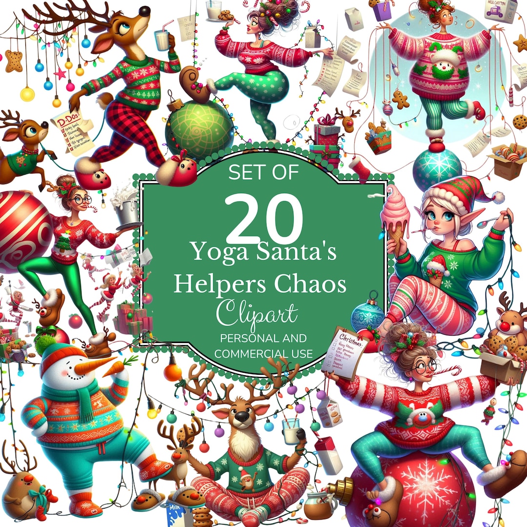 Christmas Yoga Clipart Santa Elf PNG Reindeer Snowman Art Funny Holiday ...