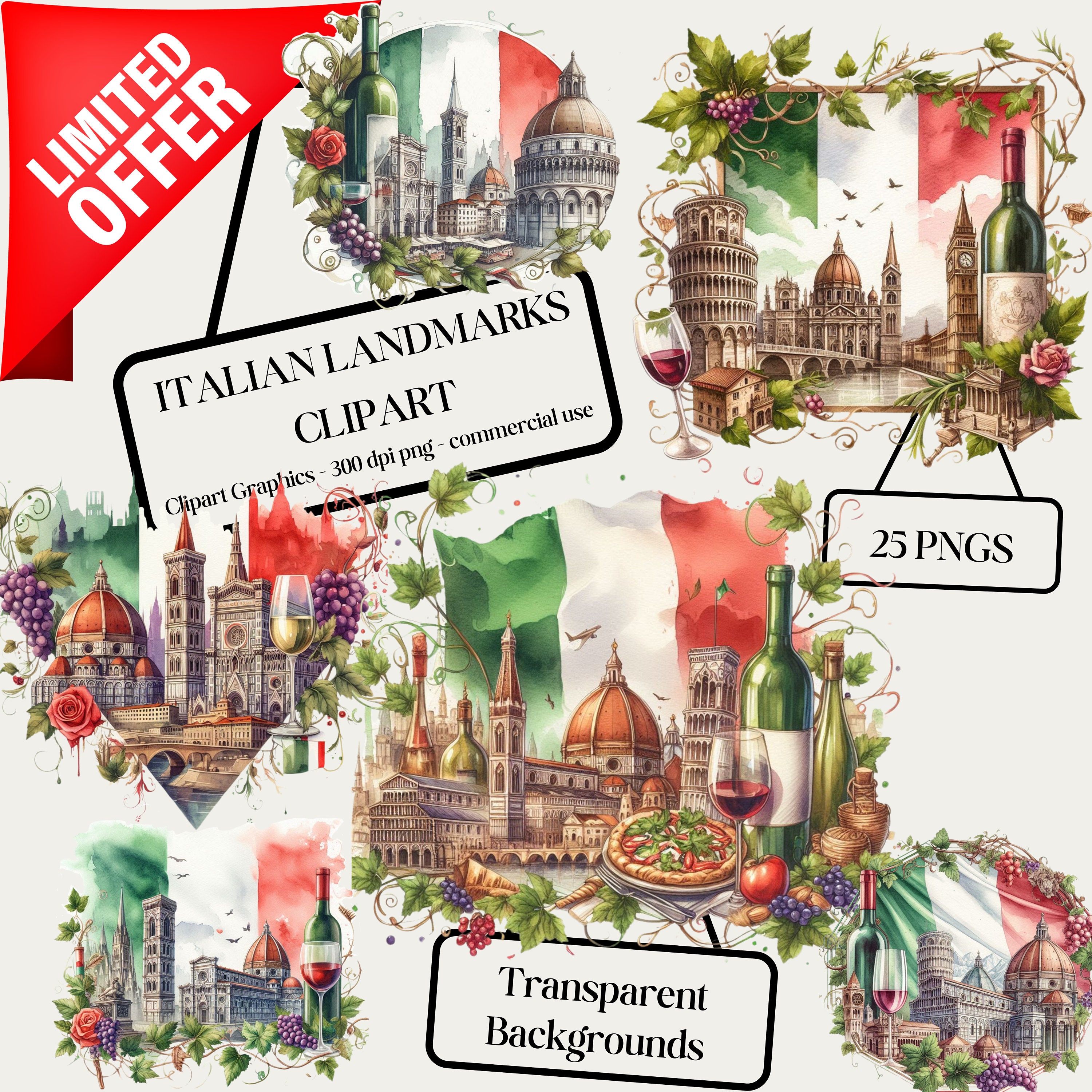 Italy Clipart Bundle: Watercolor Landmarks & Wine (digital Download) - Etsy
