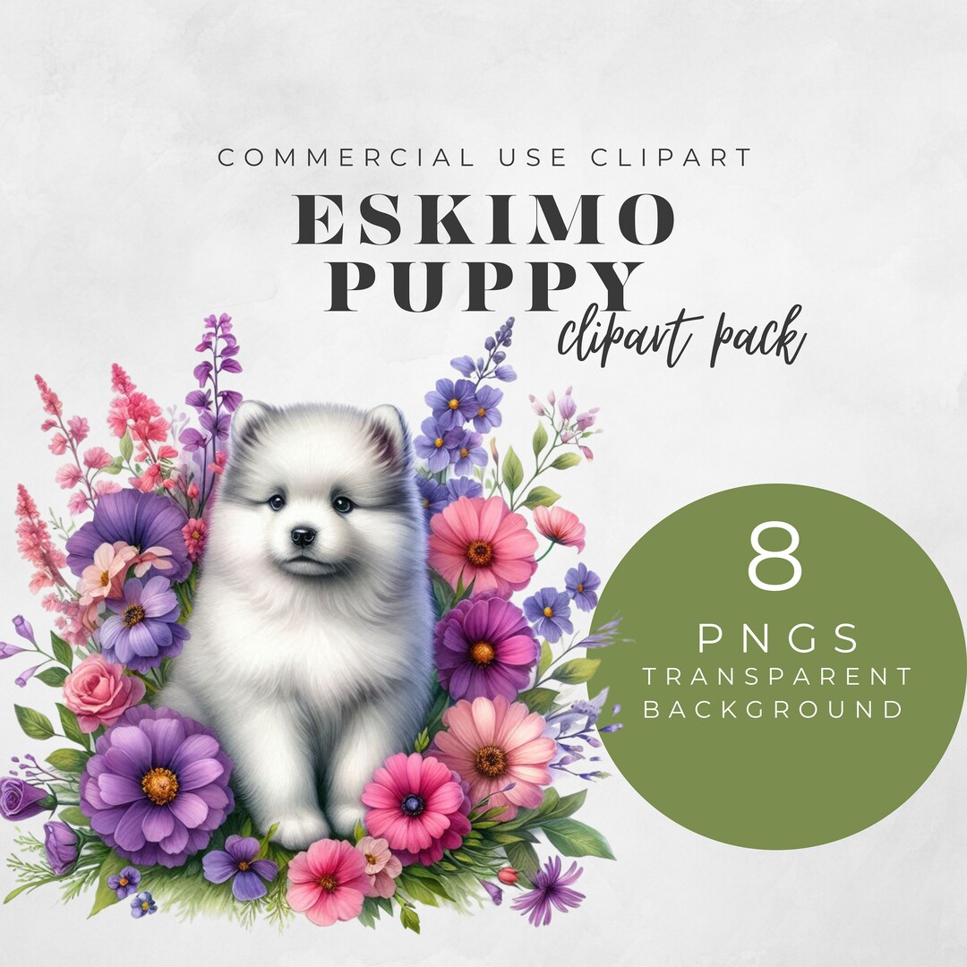 Watercolor Eskimo Dog Puppy Clipart Bundle With Flowers 8 PNG 300DPI ...