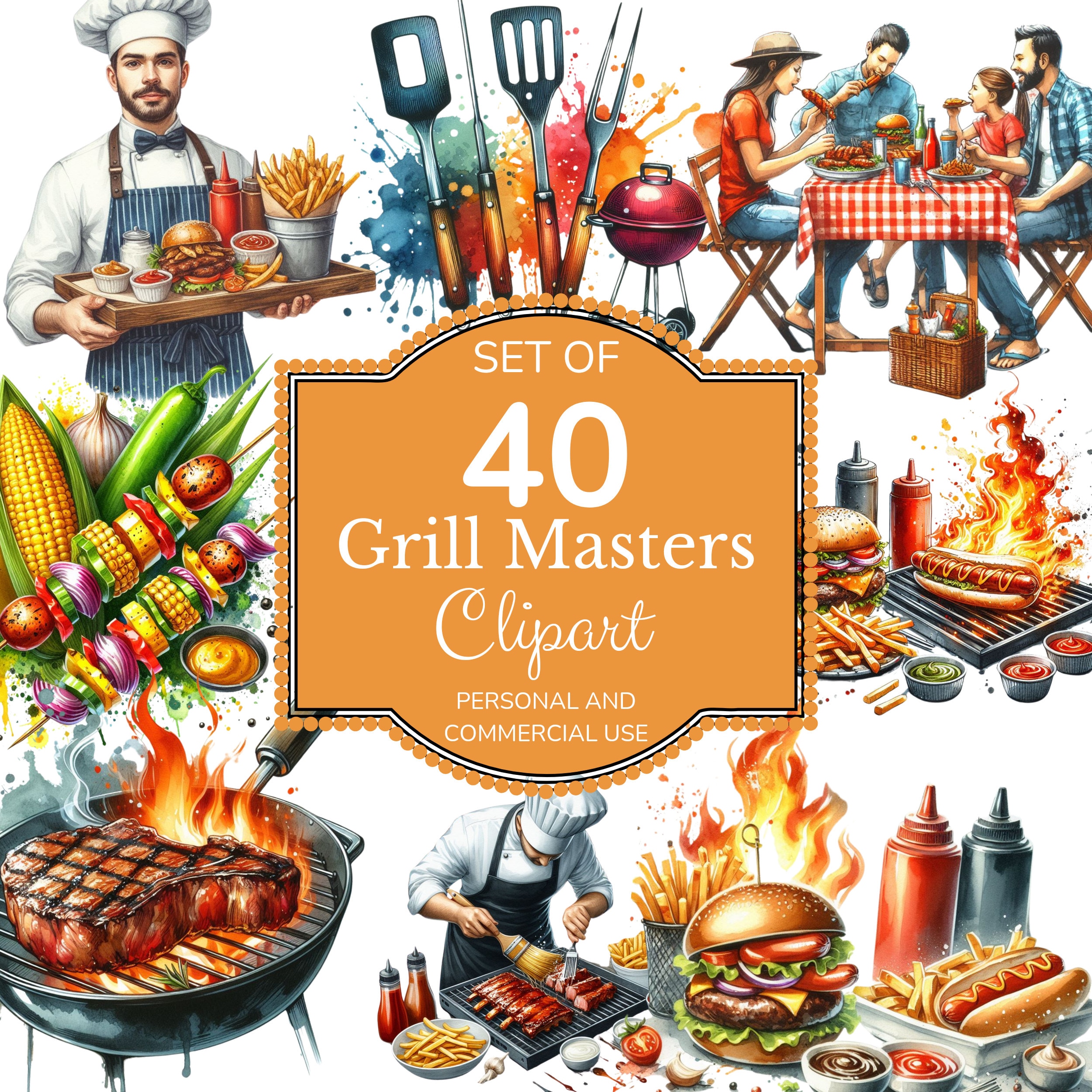 Watercolor BBQ Clip Art (40 Pngs) - Barbecue Graphics Set - Grill ...
