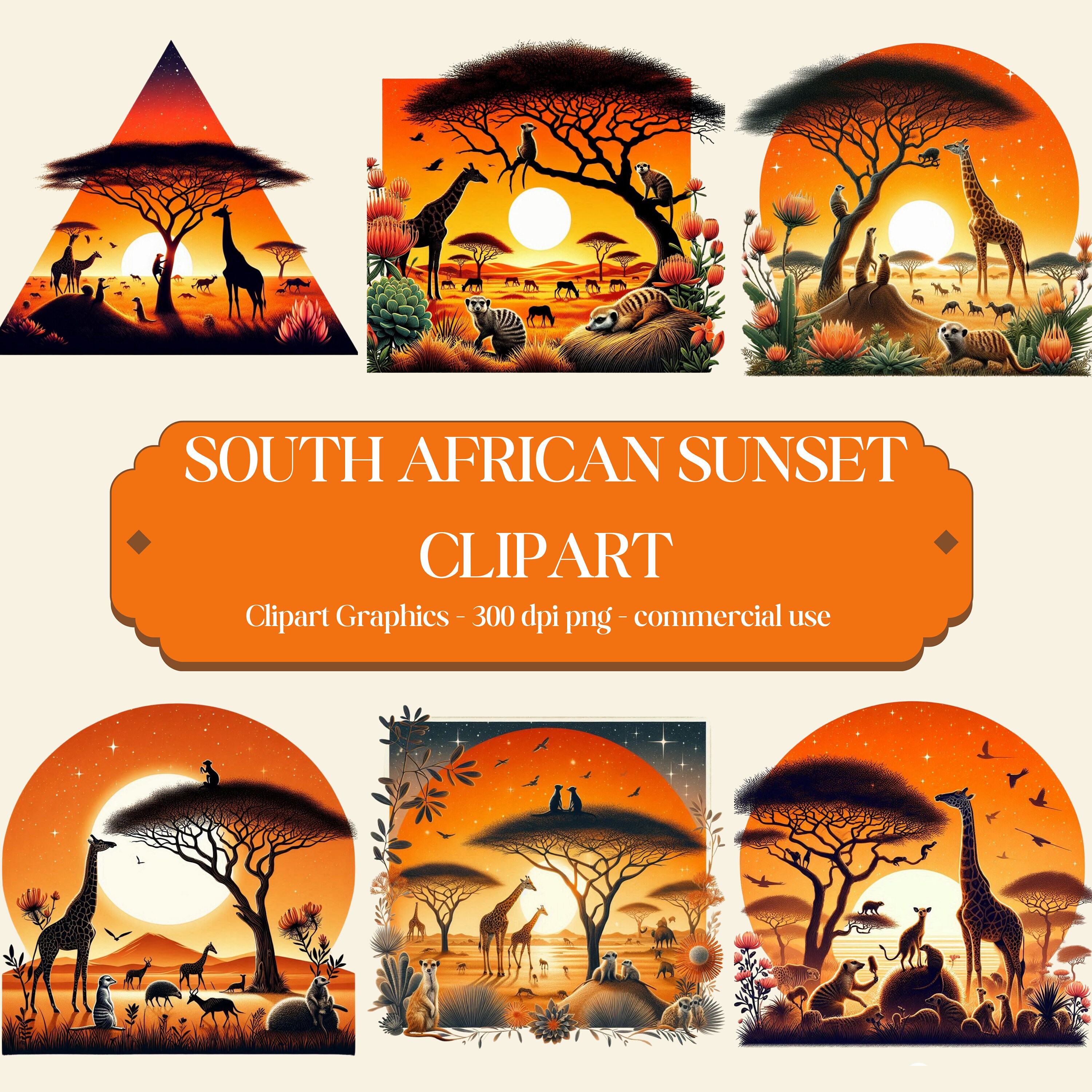 South African Sunset Safari PNG Bundle: Giraffe, Meerkat, Baobab ...