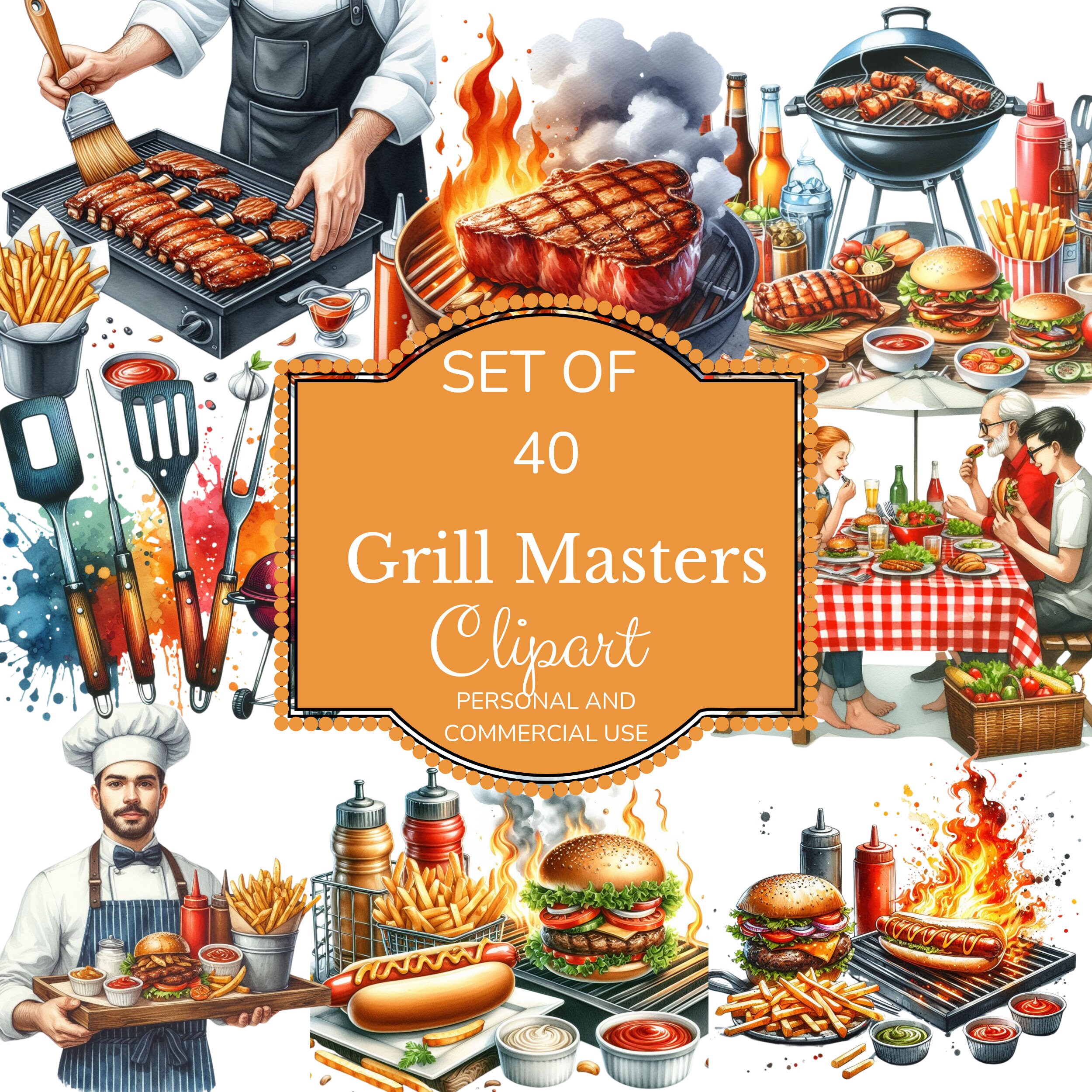 Watercolor BBQ Clip Art (40 Pngs) - Barbecue Graphics Set - Grill ...