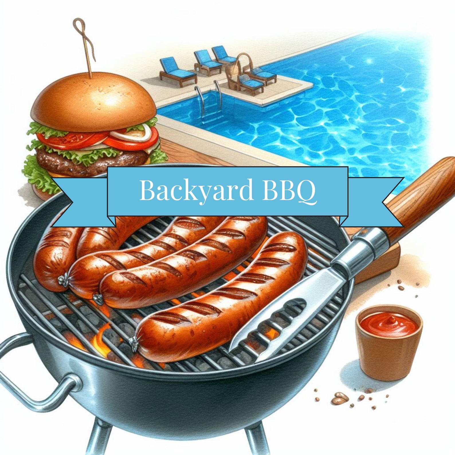 Backyard BBQ Party Clip Art - 30 Summer PNG Graphics - Swimming Pool ...