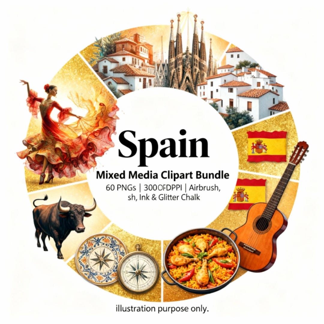 Spain Clipart Bundle, Mixed Media Art Pngs, Spanish Landmarks & Culture ...