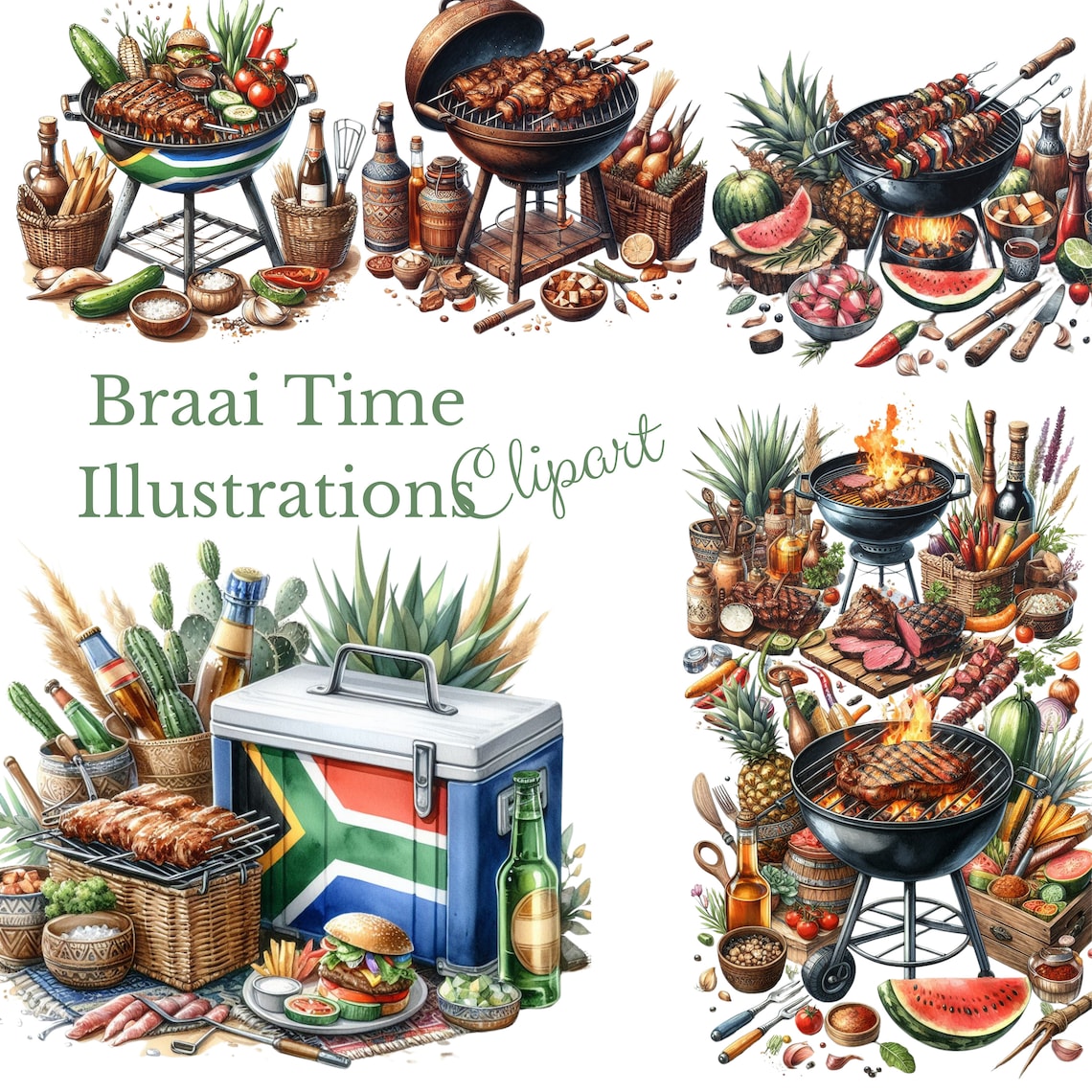 Braai Time Illustrations - 14 BBQ Clipart Pngs - Digital Download ...