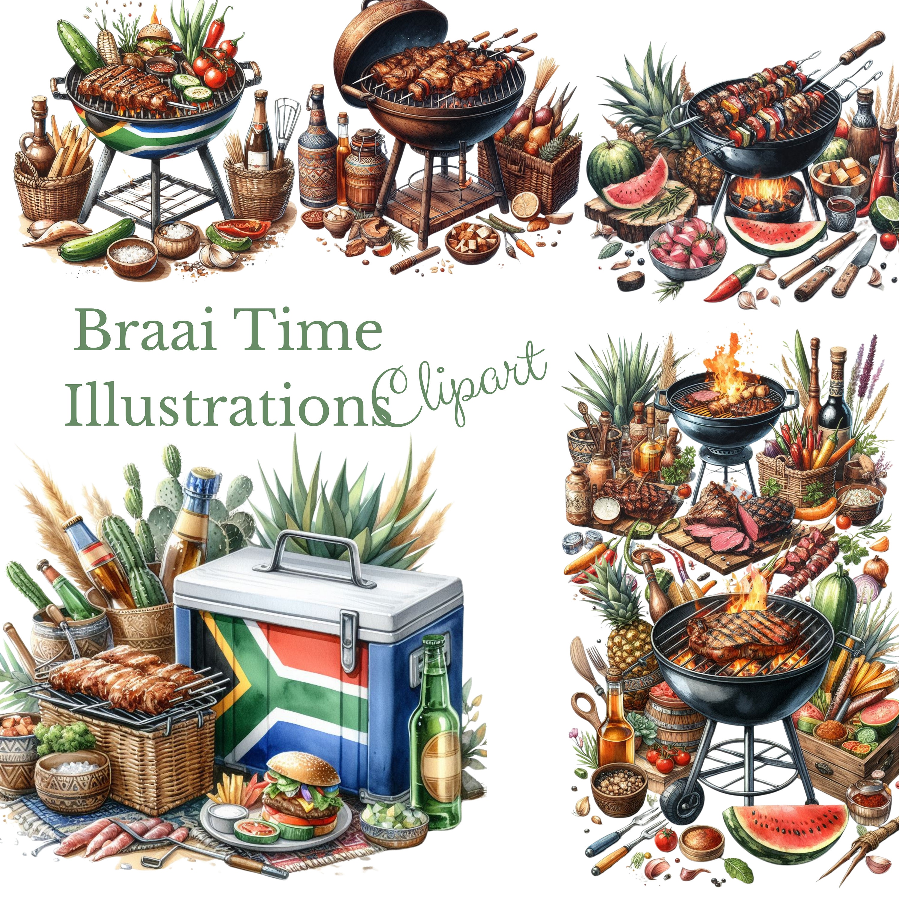 Braai Time Illustrations - 14 BBQ Clipart Pngs - Digital Download ...