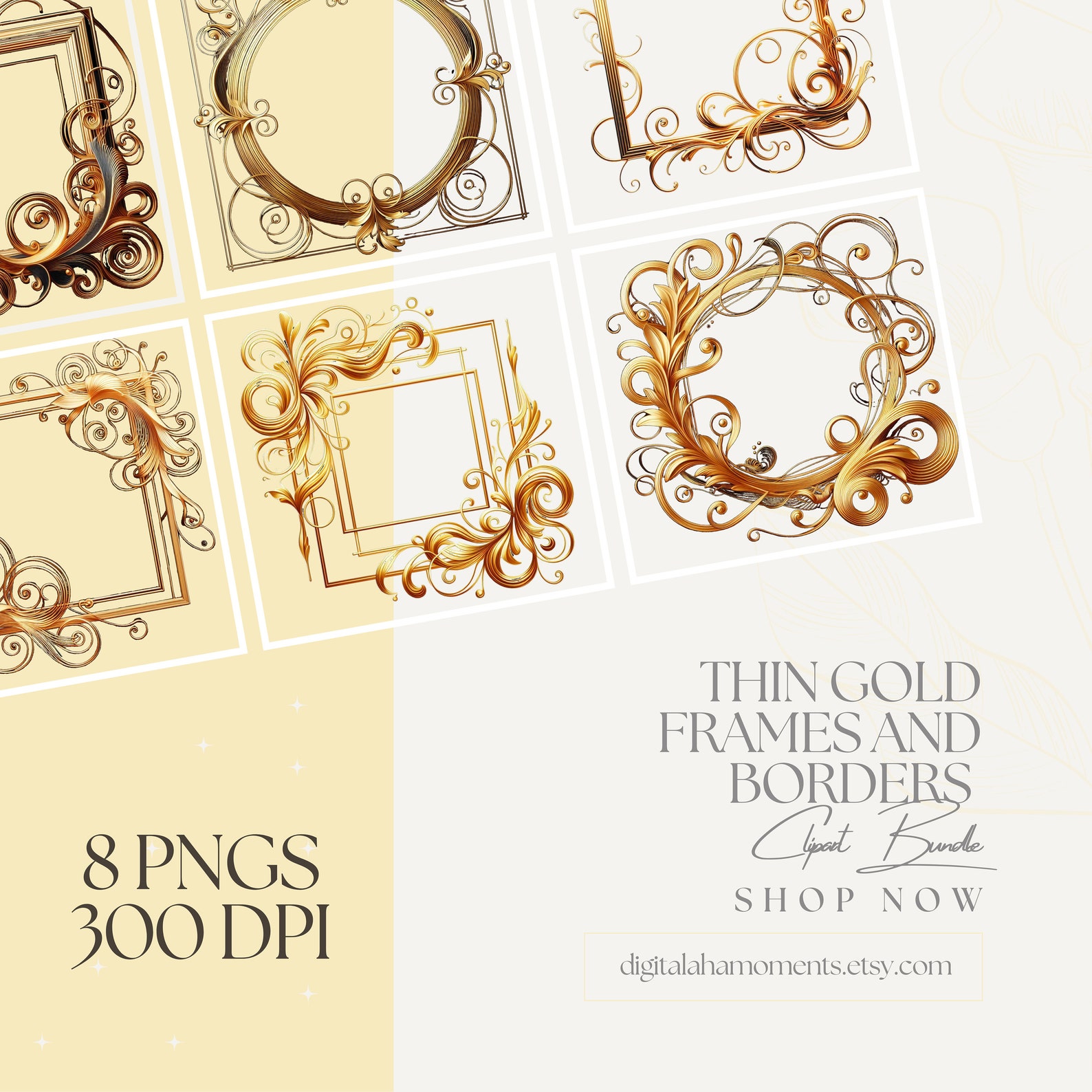 Thin Gold Frames - 8 Digital Downloads 8 High-resolution Clipart Images ...