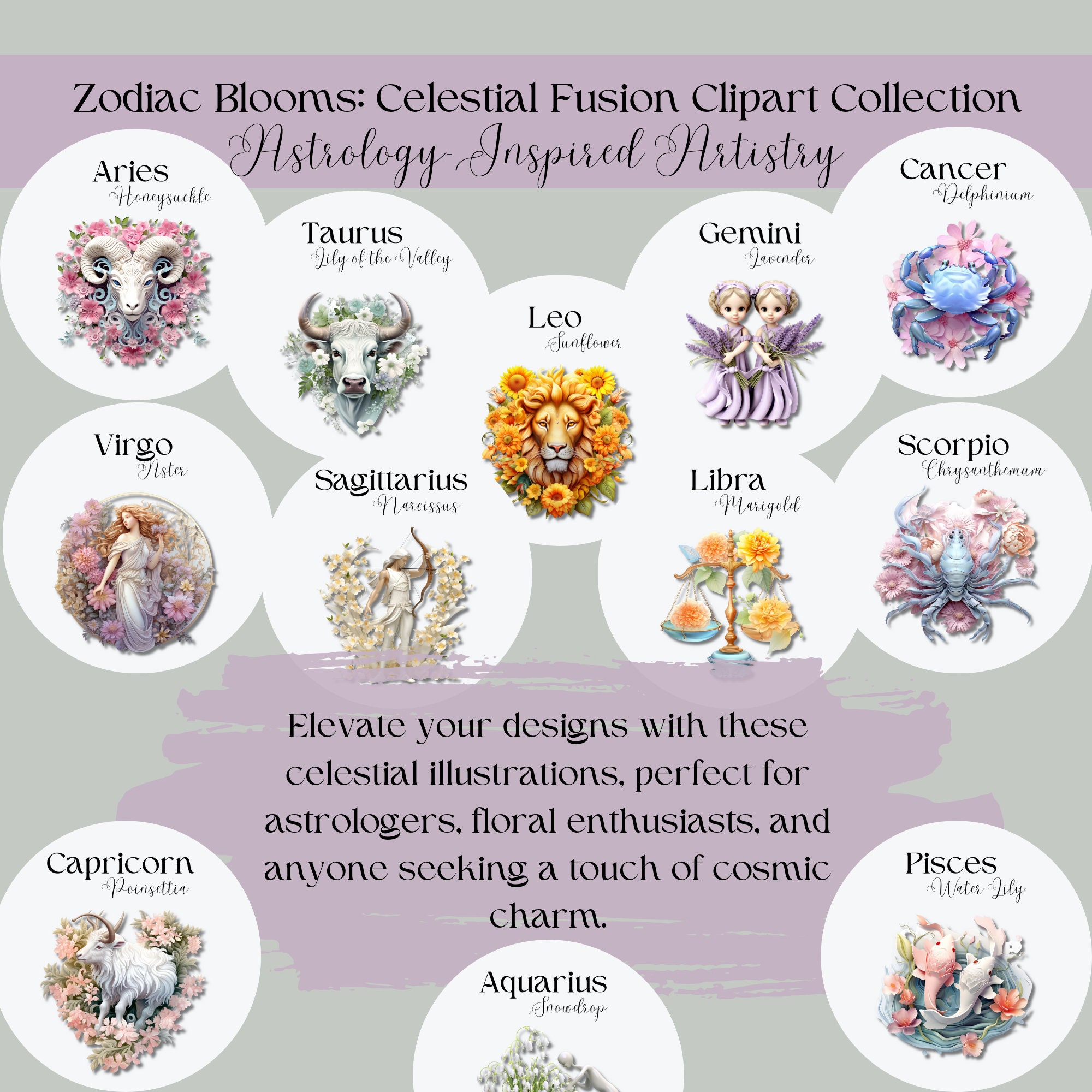 Birth Month Flower and Zodiac Clipart Bundle Watercolor - Etsy