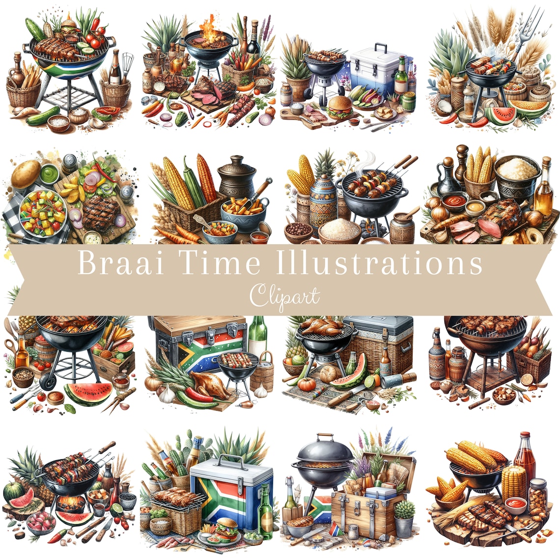 Braai Time Illustrations - 14 BBQ Clipart Pngs - Digital Download ...